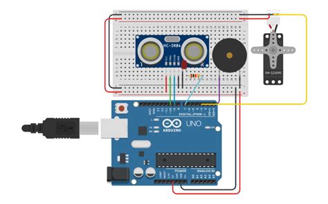 Circuit Design Ultrasonic Sensor Led Servo Buzzer Tinkercad