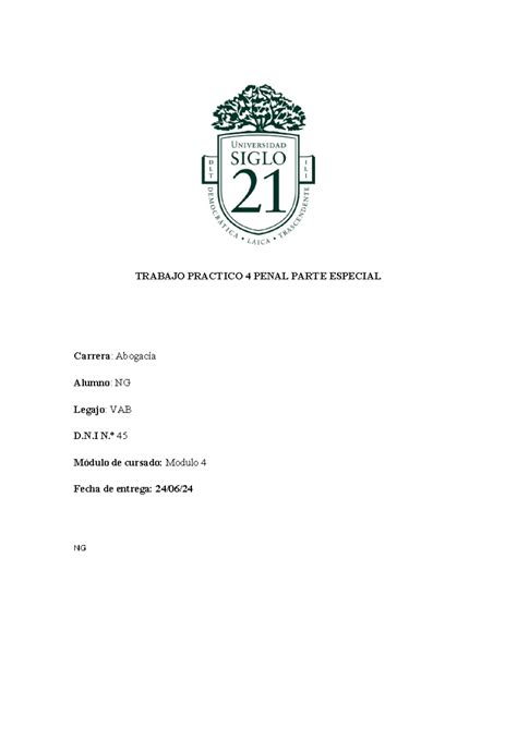 NG TP 4 Derecho Penal Parte Especial TRABAJO PRACTICO 4 PENAL PARTE