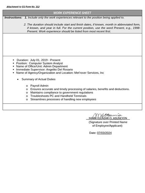 Cs Form No 212 Attachment Work Experience Sheet 2 Pdf