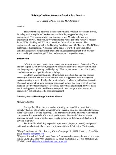 Building Condition Assessments Metrics Best Practices Pdf Inventory