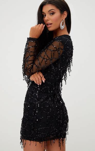 Sexy Black Round Neck Sheer Sleeve Sequin Dress On Storenvy