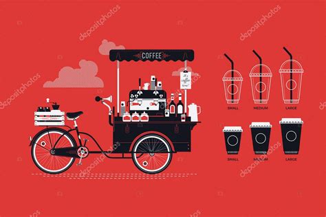 Carro fresco de la bicicleta del café del vector y diversas tazas del