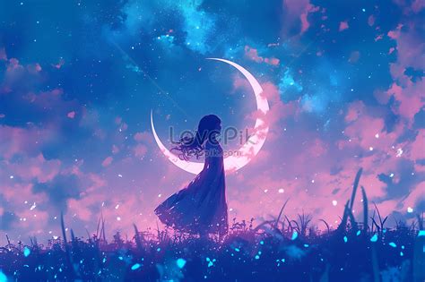 초승달 소녀 그림 일러스트 무료 다운로드 Lovepik