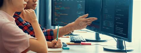 Professional Programer Looking Computer Desktop With Coding Program Aig42 Stock Image Image