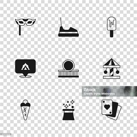 마술사 모자 어트랙션 회전 목마 카드 놀이 롤러 코스터 아이스크림 축제 마스크 범퍼 및 서커스 텐트 아이콘을 설정합니다 벡터 검은색에 대한 스톡 벡터 아트 및 기타 이미지