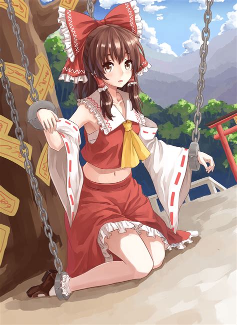Safebooru 1girl Altar Armpits Ascot Bow Brown Eyes Brown Hair Chain