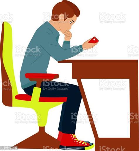 Seorang Pria Baik Duduk Di Meja Dan Memegang Telepon Di Tangannya Kursi