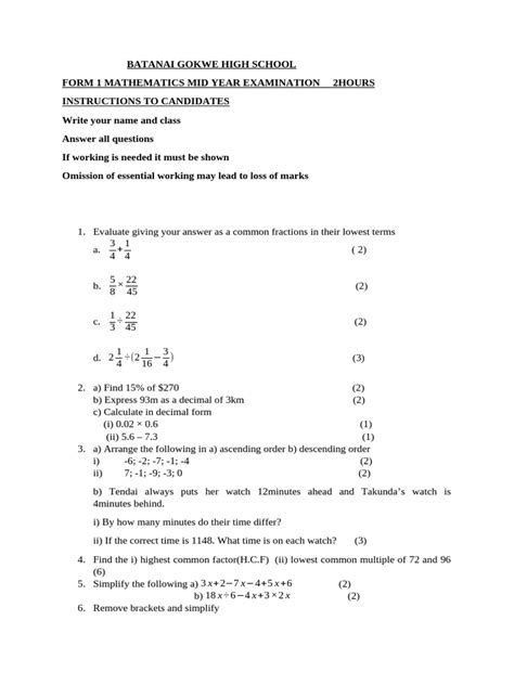 Form 1 Maths Mid Year Pdf