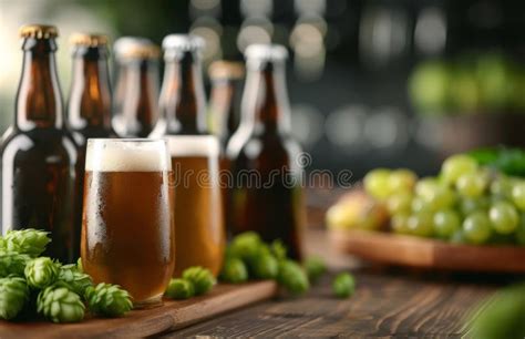 Cold Beer Glass With Bottles And Fresh Hops On Rustic Wooden Table