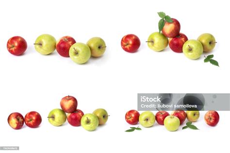 흰색 배경에 빨간 사과 세트입니다 흰색 배경에 노란색 반점이있는 붉은 색의 수분이 많은 사과 육즙이 빨간 사과의 구성 0명에 대한 스톡 사진 및 기타 이미지 Istock