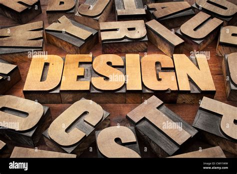 Design Concept In Vintage Letterpress Wood Printing Blocks Stock Photo
