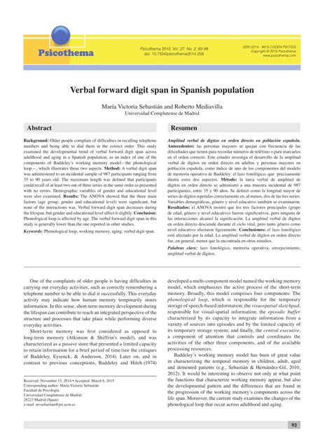 Pdf Verbal Forward Digit Span In Spanish Population