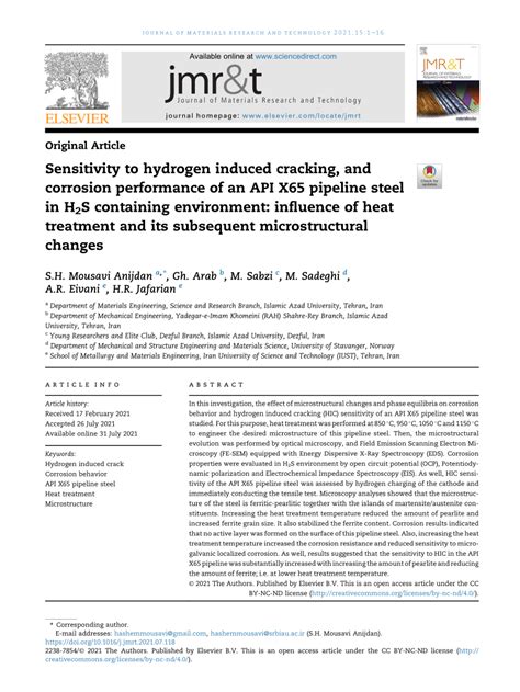 PDF Sensitivity To Hydrogen Induced Cracking And Corrosion Performance Of An API X Pipeline