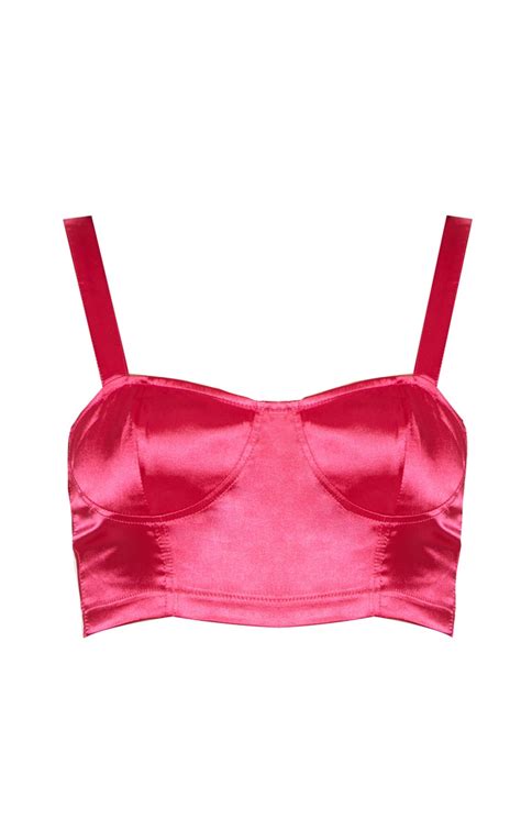 Hot Pink Satin Cup Crop Top Tops Prettylittlething