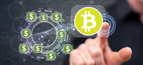 Man Touching A Bitcoin Concept Stock Image Image Of Finance Money