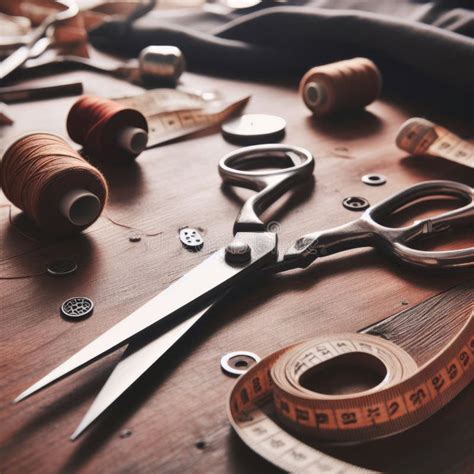 Set Of Tailoring Sheers Scissors Set On Fabric Cutting Table Stock