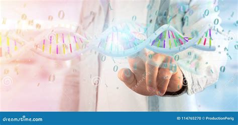 Man Holding A 3d Rendering Data Coded Dna With Binary File Around Stock