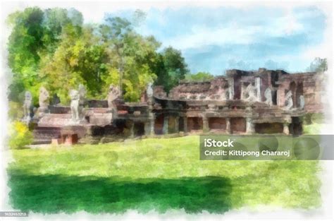 고대 석조 성곽과 태국 수채화 스타일 일러스트 인상파 그림의 고대 패턴 예술 건축에 대한 스톡 벡터 아트 및 기타 이미지 건축 고대의 관광 Istock