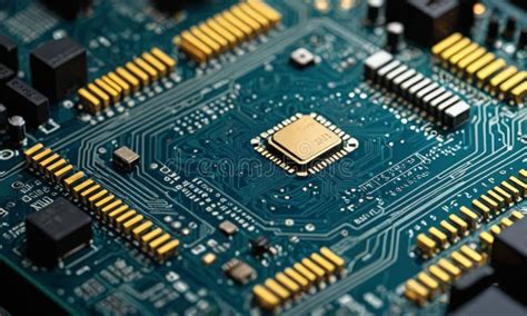 Close Up View Circuit Board Features Central Gold Cpu Surrounded By