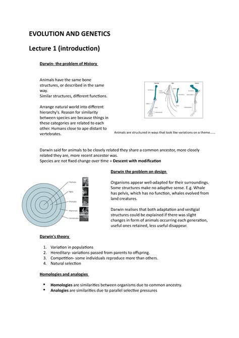 Evolution And Genetics Lecture Notes Evolution And Genetics Lecture 1 Introduction Darwin