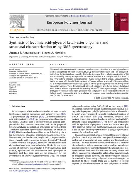 Synthesis Of Levulinic Acid Glycerol Ketal Ester Oligomers And