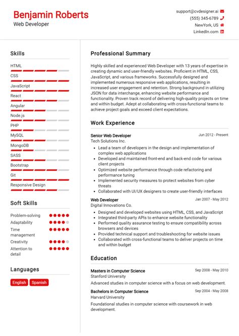 Web Developer Resume Example For 2025 Top Cv Skills Cvdesigner Ai