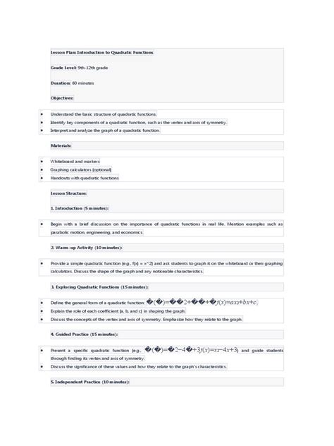 Intro To Quadratic Functions Lesson Pdf Function Mathematics Lesson Plan