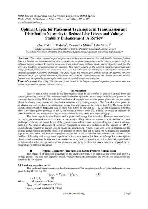 Pdf Optimal Capacitor Placement Techniques In Transmission And Distribution Networks To Reduce