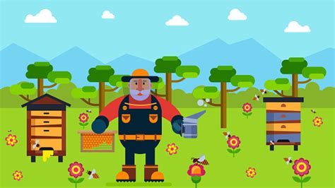 양봉 자연 에코 유기농 식품 농장 벡터 그림 직장에서 벌집보호복을 입은 양봉가 양봉가 비행 꿀벌 두드러기 남자에 대한 스톡 벡터 아트 및 기타 이미지 Istock