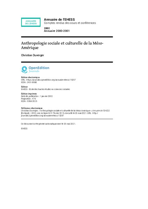 Pdf Anthropologie Sociale Et Culturelle De La Méso Amérique