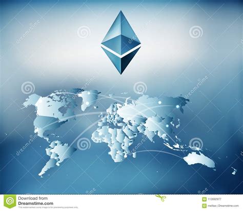 Cryptocurrency Ethereum And Blockchain Technology With World Map And