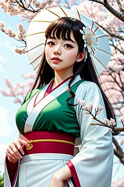 Premium Ai Image A Girl In A Kimono With A Cherry Blossom Tree In The