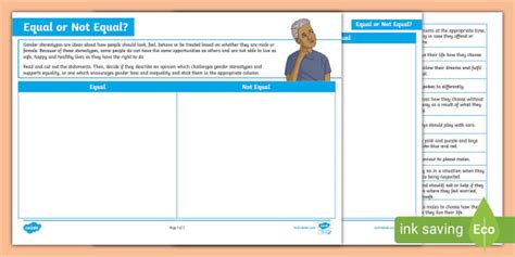 Gender Equality Worksheet Equal Or Not Sorting Statements