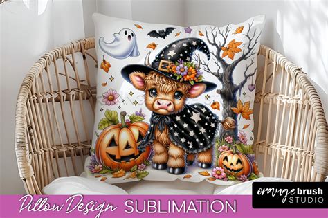Highland Cow Halloween Pillow Cover PNG Graphic By Orange Brush Studio