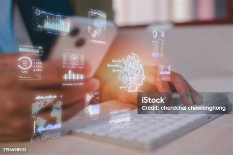 인공 지능 Ai 기술 및 디지털 트랜스포메이션 개념 가상 Ai 아이콘 데이터 차트로 작업하고 컴퓨터 키보드로 입력하는 사업가 0명에 대한 스톡 사진 및 기타 이미지 Istock
