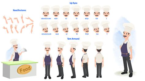 요리사 캐릭터 입술 동기화 손 제스처 애니메이션을 위한 모델 시트 회전 개체 그룹에 대한 스톡 벡터 아트 및 기타 이미지 개체 그룹 남자 레스토랑 Istock