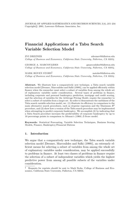 Pdf Financial Applications Of A Tabu Search Variable Selection Model