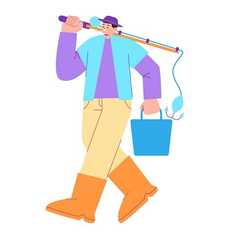 Lhomme Va à La Pêche Avec Un Seau Et Une Canne De Pêche Illustration