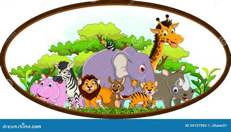 Desenhos Animados Animais Bonitos Com Fundo Tropical Da Floresta