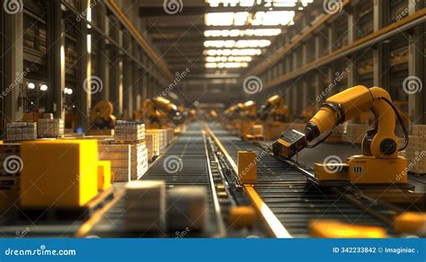 Automated Manufacturing Line With Robotic Arm Moving Boxes Stock Illustration Illustration Of