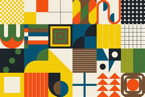 추상 기하학적 모양과 요소로 만든 스위스 예술 미학 벡터 그래픽 Brutalism에 대한 스톡 벡터 아트 및 기타 이미지