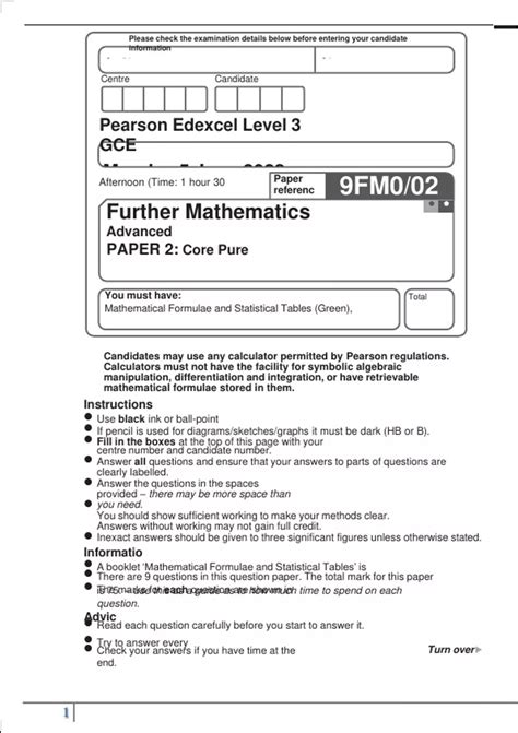 pearson edexcel level 3 gce further mathematics advanced paper 2 core
