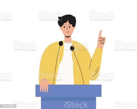 남자는 기자들의 질문에 대답한다 후보자 정치인 유명 인사가 언론과 의사 소통을합니다 마이크에 말하기 토의에 대한 스톡 벡터 아트