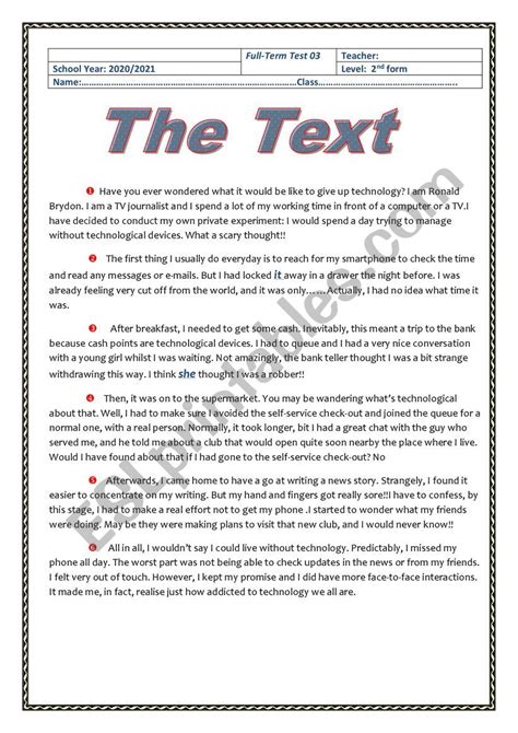 Second Form Full Term Test 3 Esl Worksheet By Chiko123