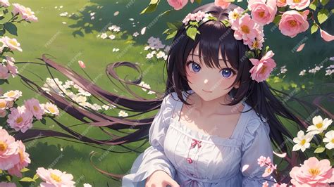 Premium Photo Anime Girl With Flowers Kawaii Art Style