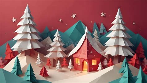 Paper Cut Illustration Of Christmas Tree Stars On Sky With House Tent On Mountain Stock