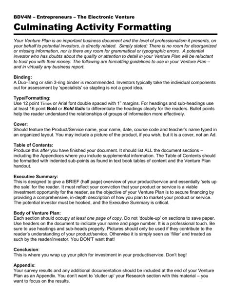 Culminating Activity Formatting