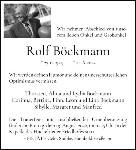 Traueranzeigen Von Rolf Böckmann Trauer And Gedenken