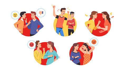 성난 남자와 여자 친구는 주장 세트를 고함 공격적인 사람들이 다투고 외치고 몸짓을 하고 분노를 표현하고 갈등과 관계 문제가 있는 부부 플랫 벡터 문자 그림 남자에 대한 스톡