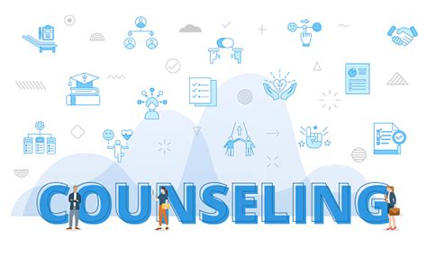 큰 단어와 파란색 스타일의 관련 아이콘으로 둘러싸인 사람들이 있는 상담 개념 공감에 대한 스톡 벡터 아트 및 기타 이미지